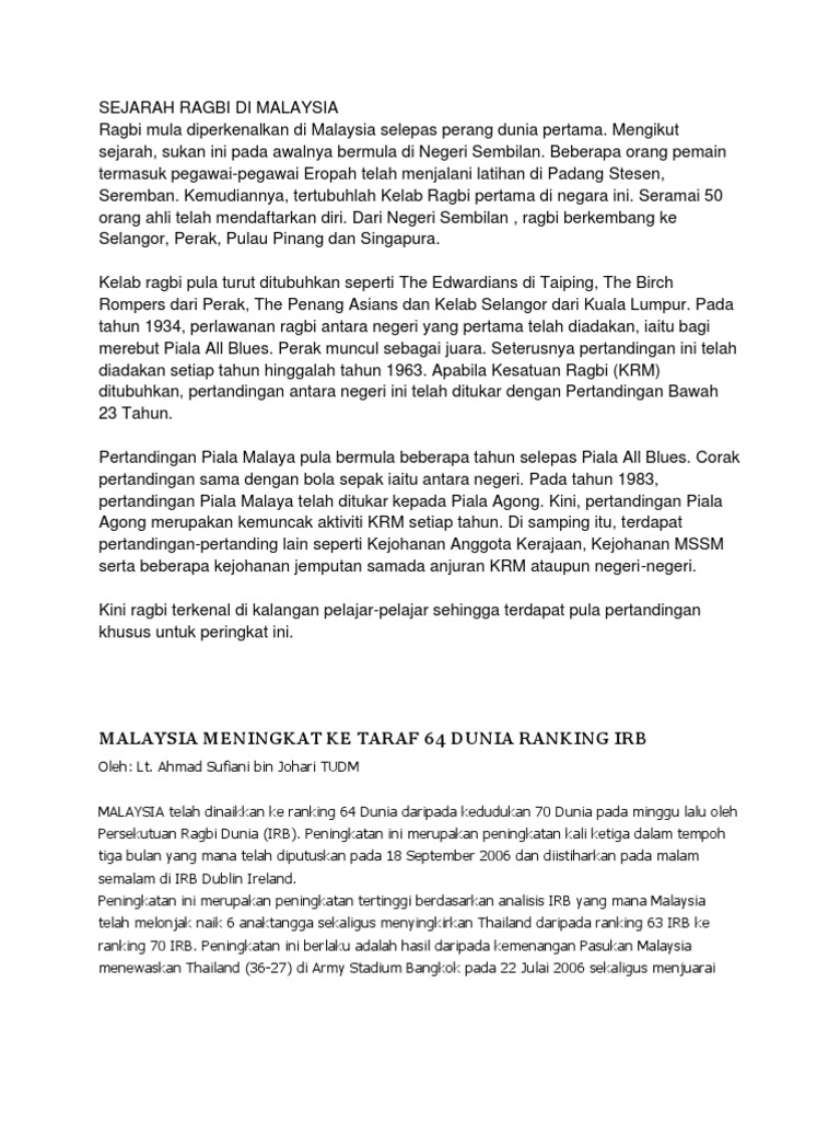 Sejarah Ragbi Di Malaysia | PDF