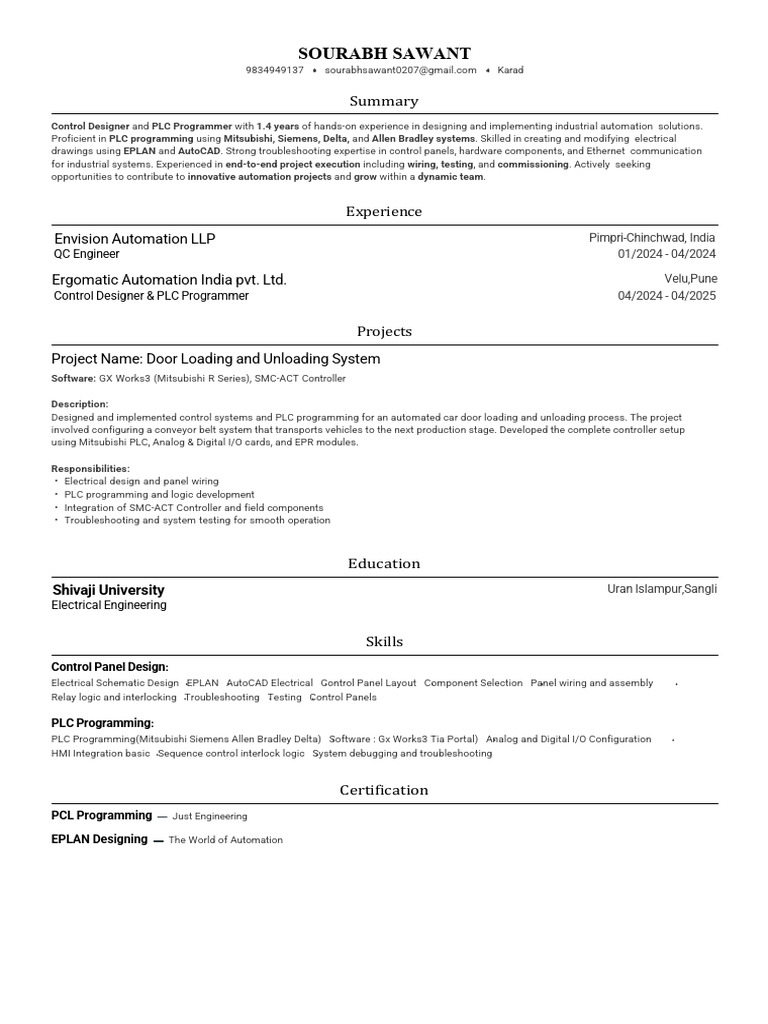 Sourabh Sawant EPLAN Resume | PDF | Programmable Logic Controller | Automation