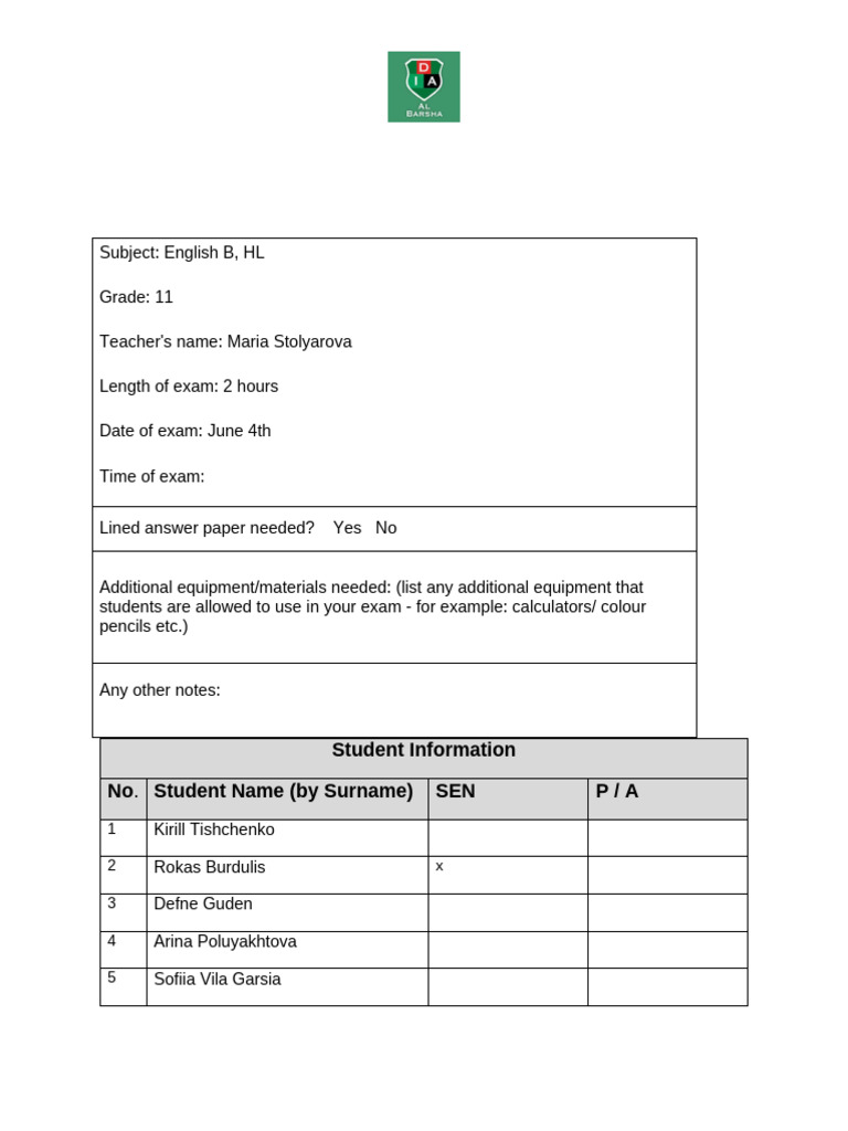 Exam Information Sheet Example | PDF