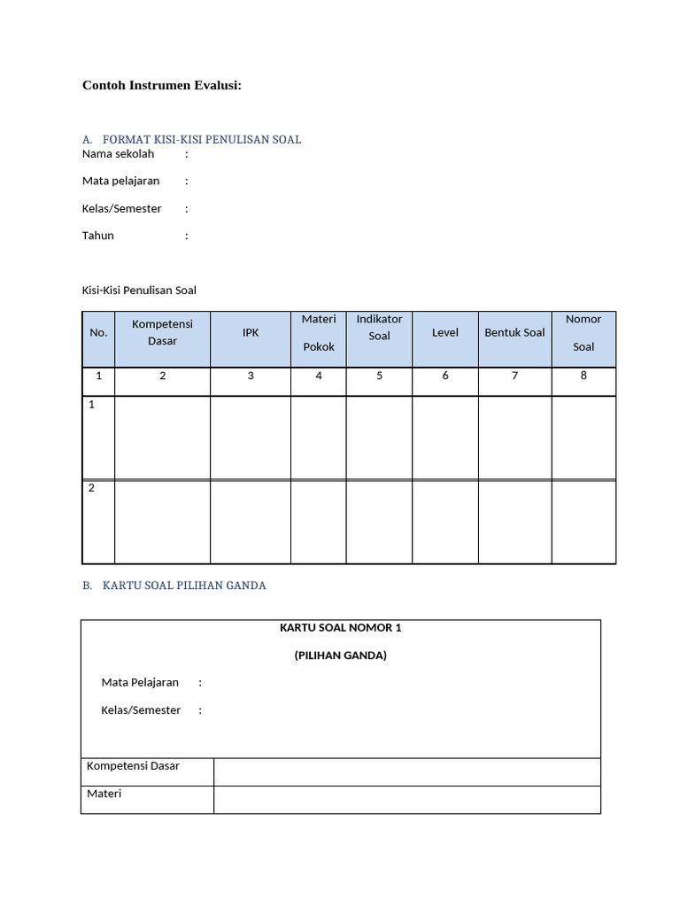 Contoh Atau Format Instrumen Evaluasi | PDF