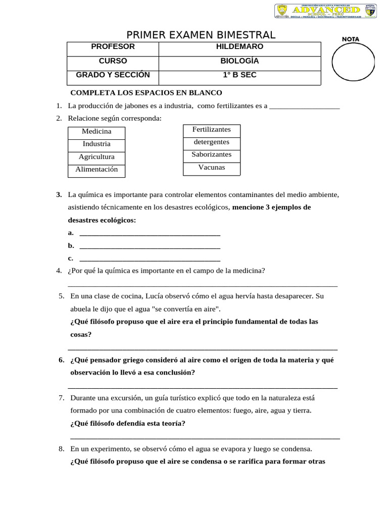Primer Examen Bimestral: Profesor Hildemaro Curso Biología Grado Y ...