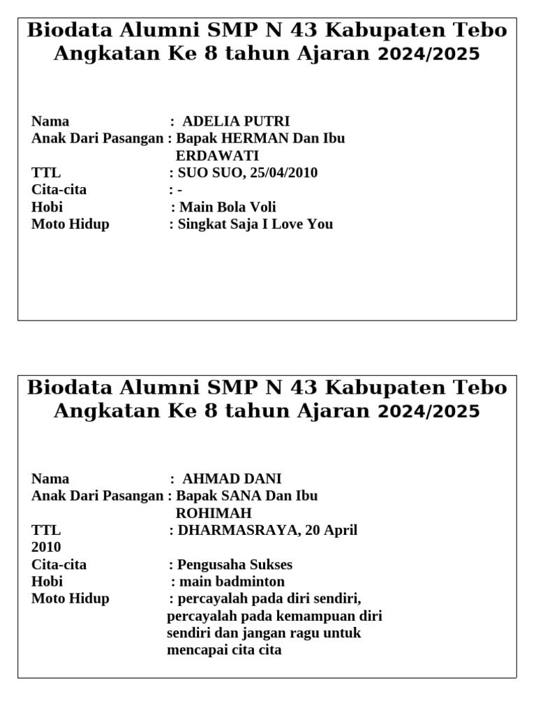 Biodata Alumni SMP N 43 Kabupaten Tebo | PDF