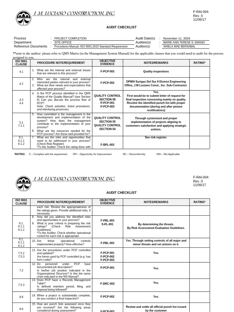ISO 9001 Project Completion Audit Checklist | PDF | Audit | Risk