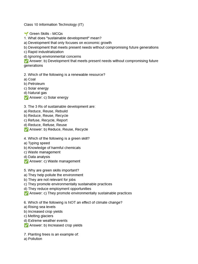 Green Skills MCQs for Class 10 IT | PDF