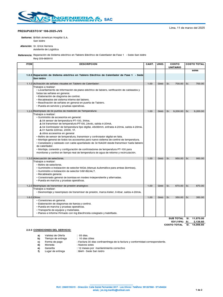 Pres-108-2025-JVS - Automatización de Tablero de Calentador de Fase 1 - BAH San Isidro | PDF