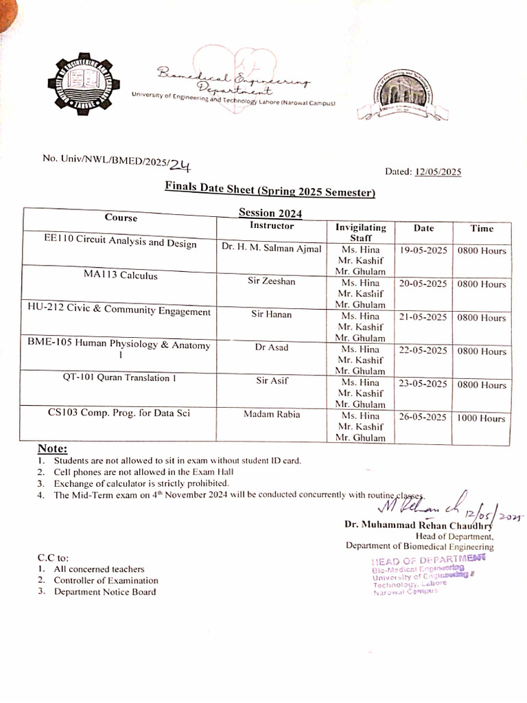 Finals Spring 2025 - Date Sheet v0.1 - Signed | PDF