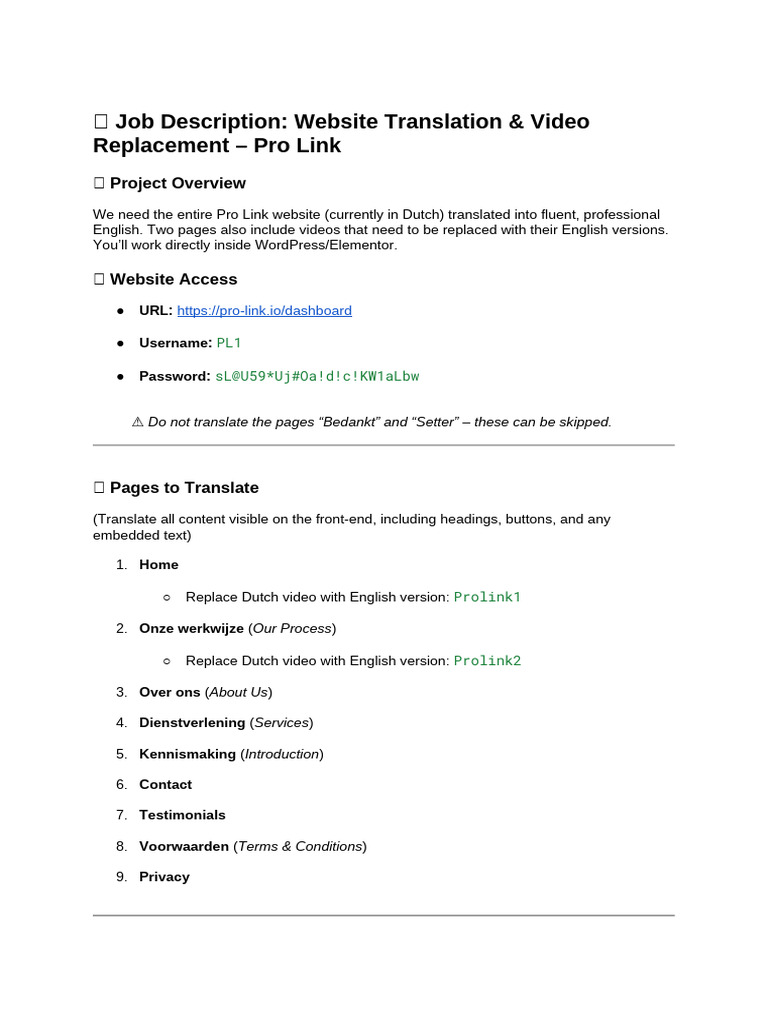 ? Job Description - Website Translation - Video Replacement - Pro Link ...