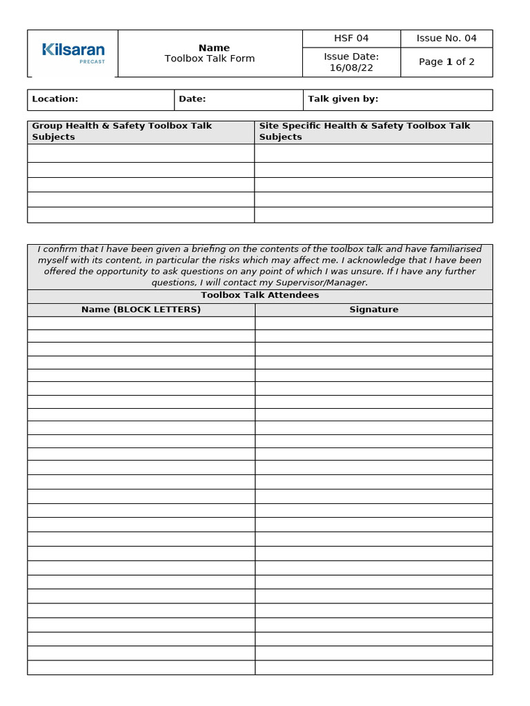 Blank KPC Toolbox Talk Sign Off Sheet | PDF