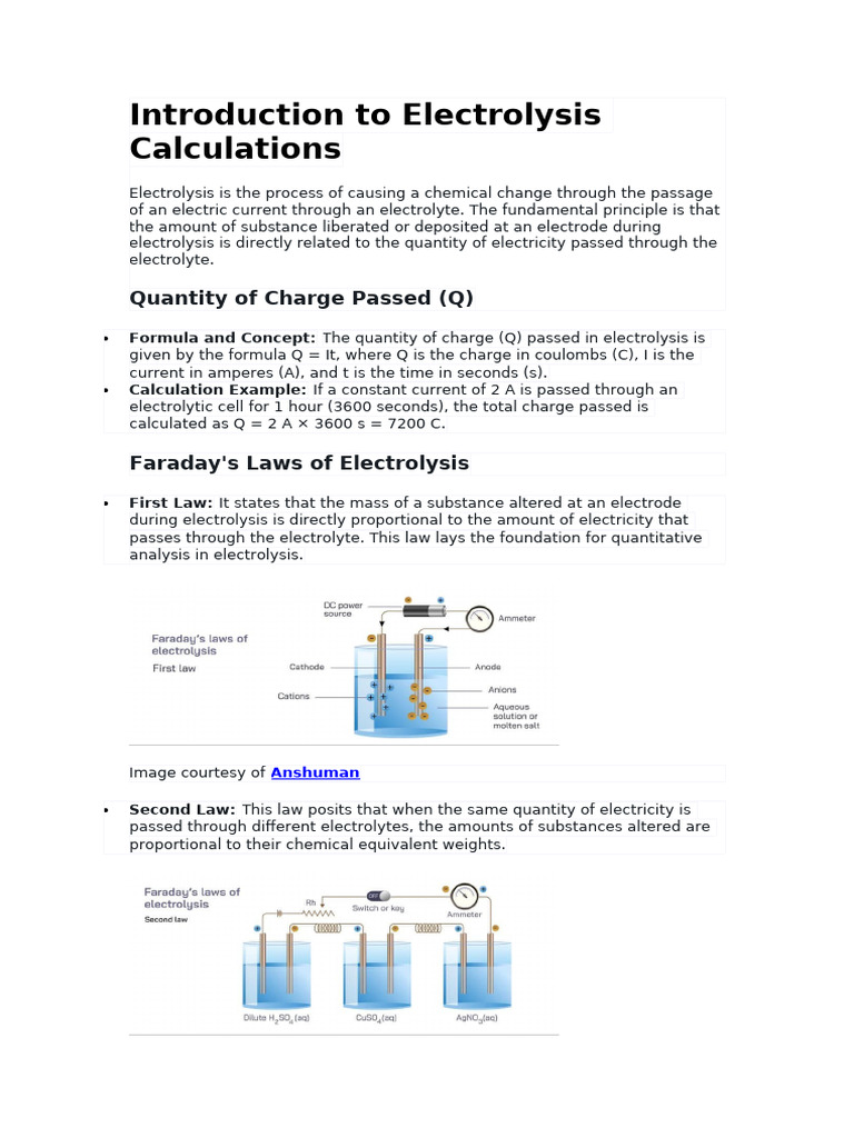 Electrolysis Calculations and Formulas | PDF | Physical Chemistry ...