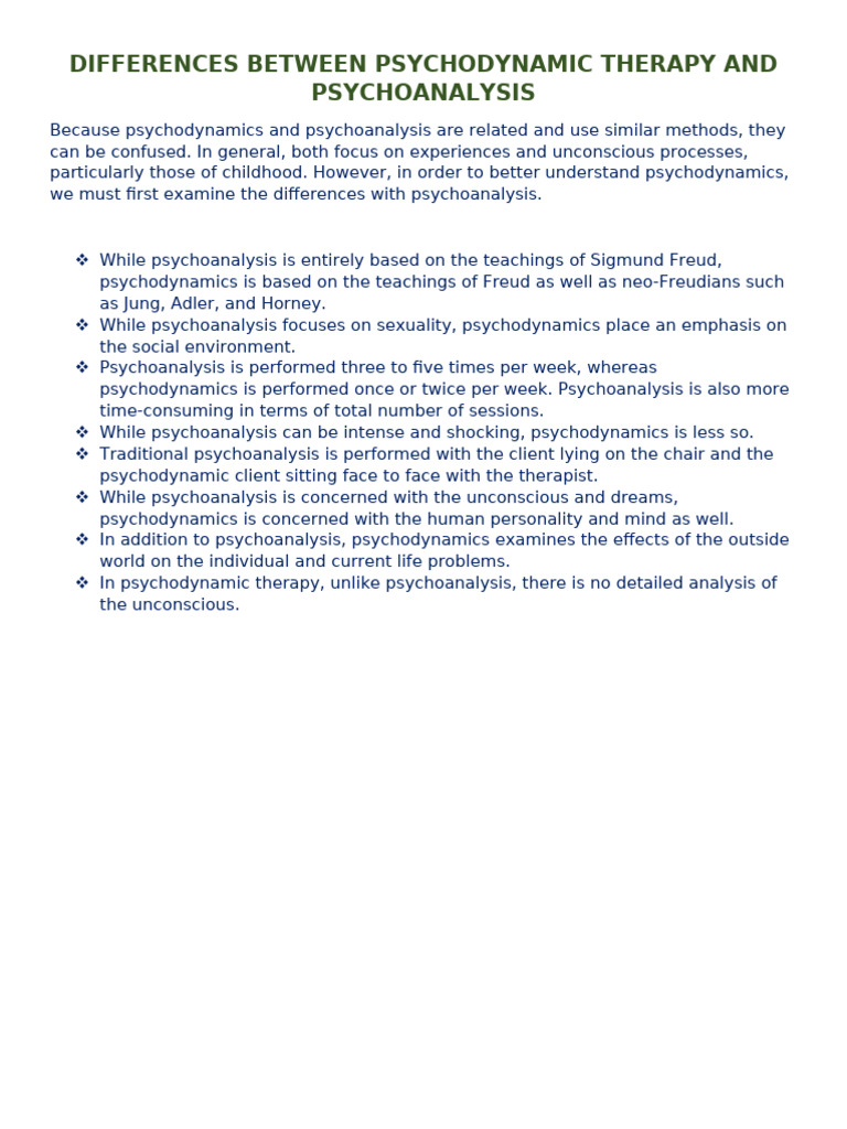 Differences Between Psychodynamic Therapy and Psychoanalysis | PDF