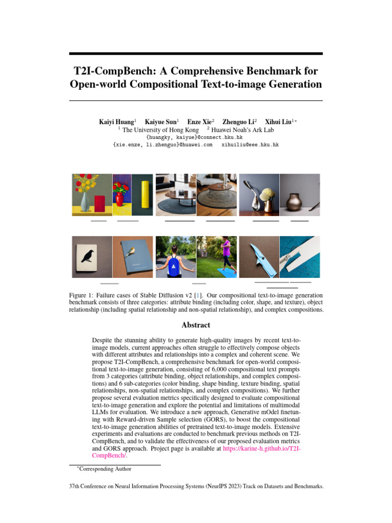 NeurIPS 2023 T2i Compbench A Comprehensive Benchmark For Open World ...