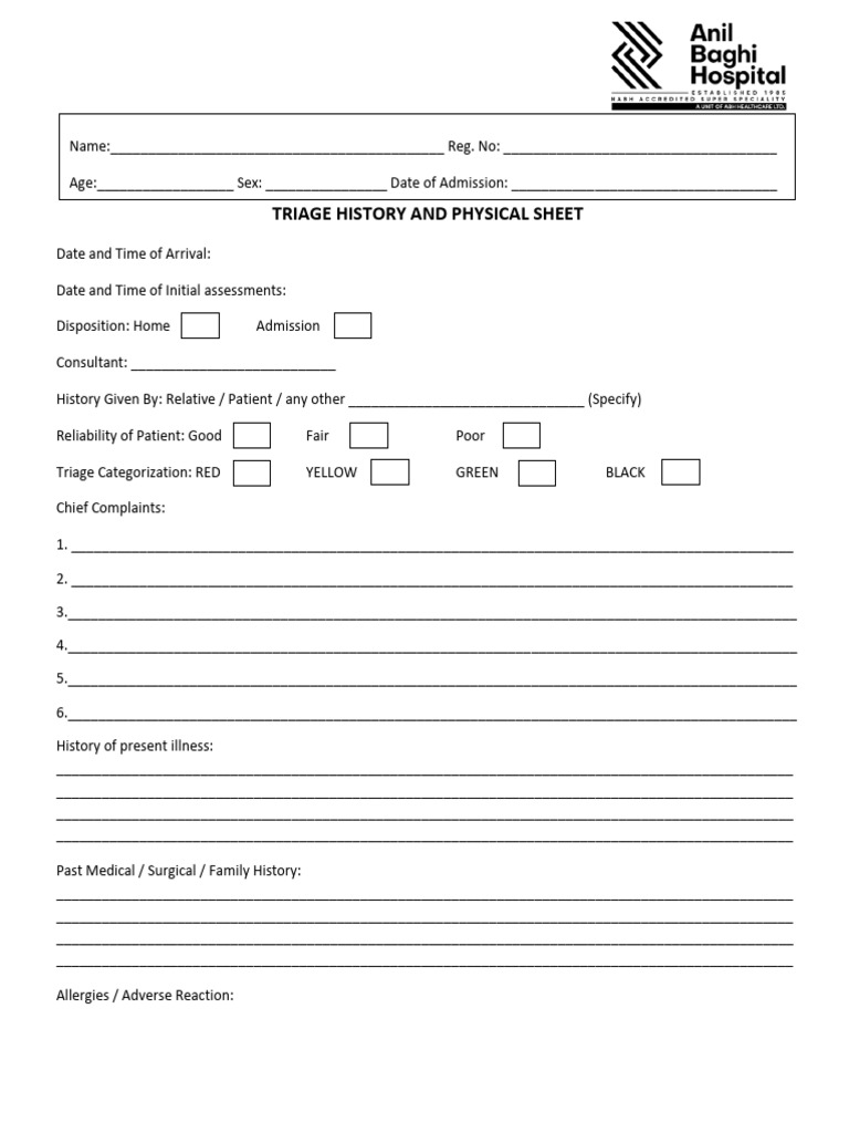Triage History & Physical Sheet | PDF | Health Sciences | Health Care