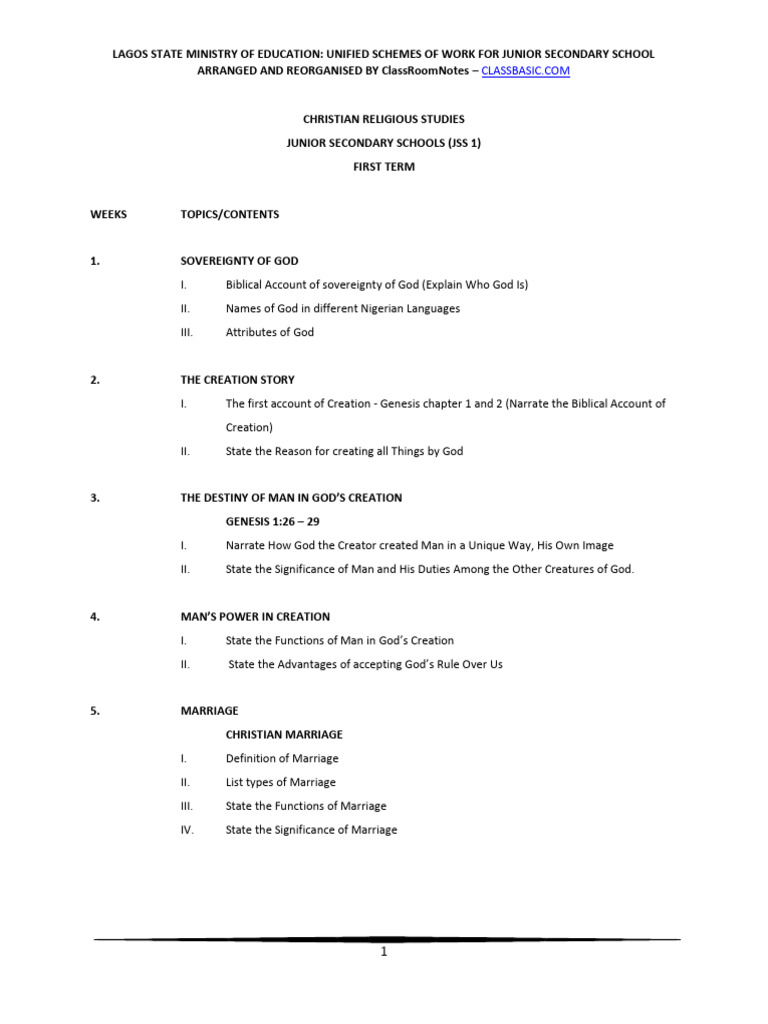 JSS1 CRS First Term Scheme of Work | PDF | Joshua | Moses