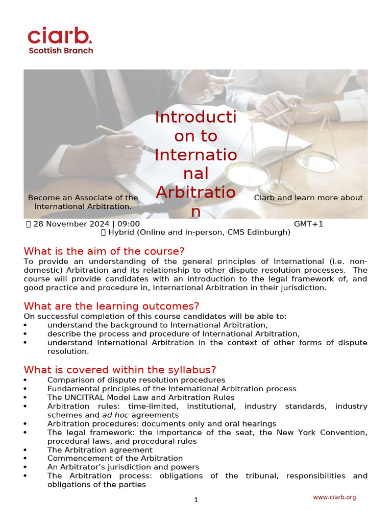 Introduction To International Arbitration Course Information Sheet ...