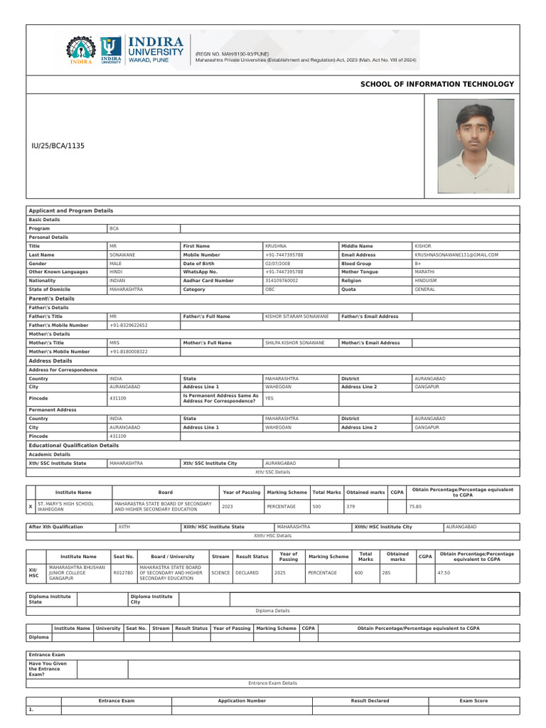 Application Form IU 25 BCA 1135 | PDF