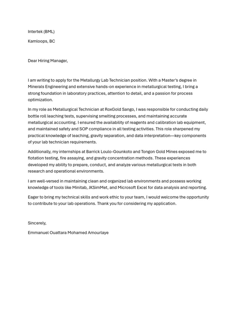 Cover Letter - Intertek (BML) | PDF