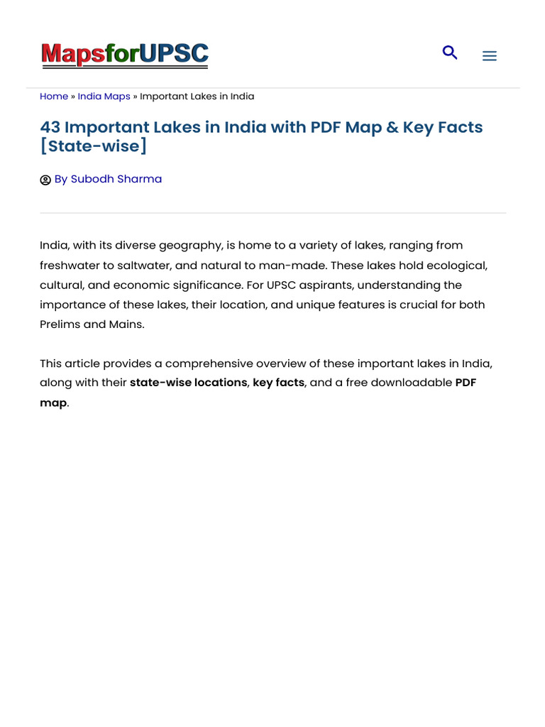 43 Important Lakes in India With PDF Map & Key Facts (State-Wise) | PDF ...