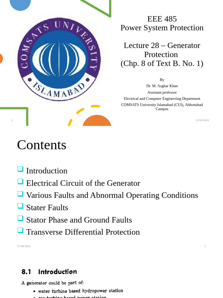 EEE 485-Lecture 28.1 - Generator Protection | PDF