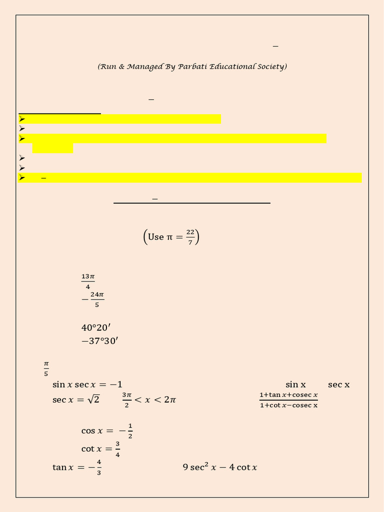 Class XI Trigonometric Functions Assignments | PDF | Trigonometry ...
