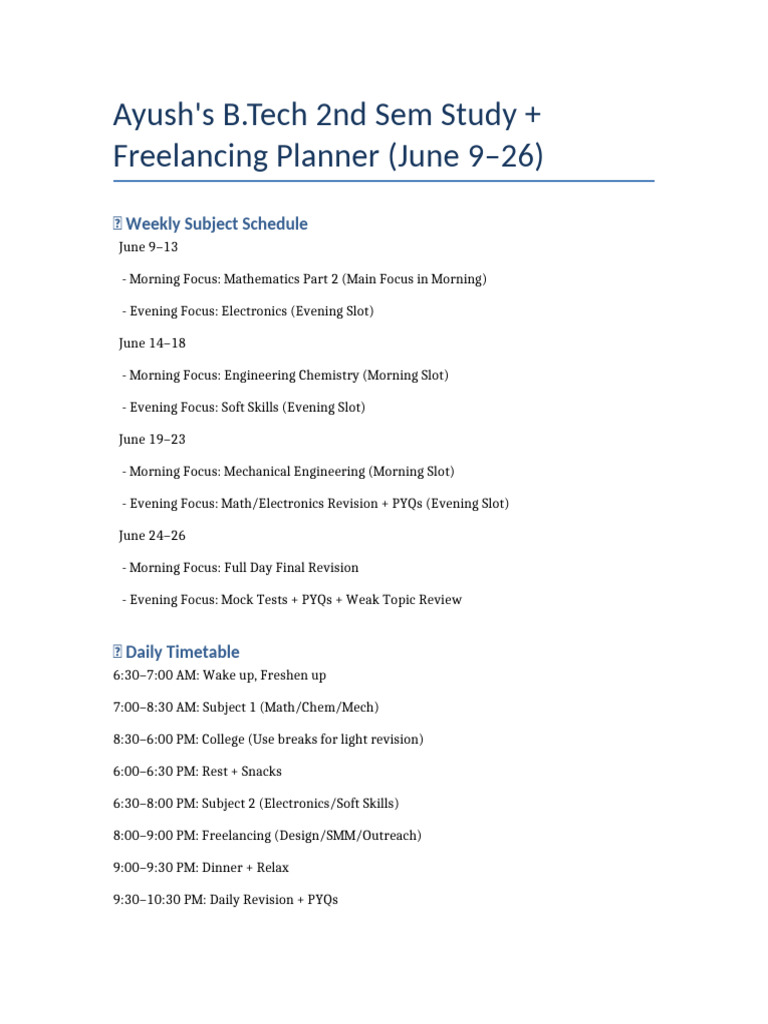 Ayush BTech Sem2 Study Plan June | PDF