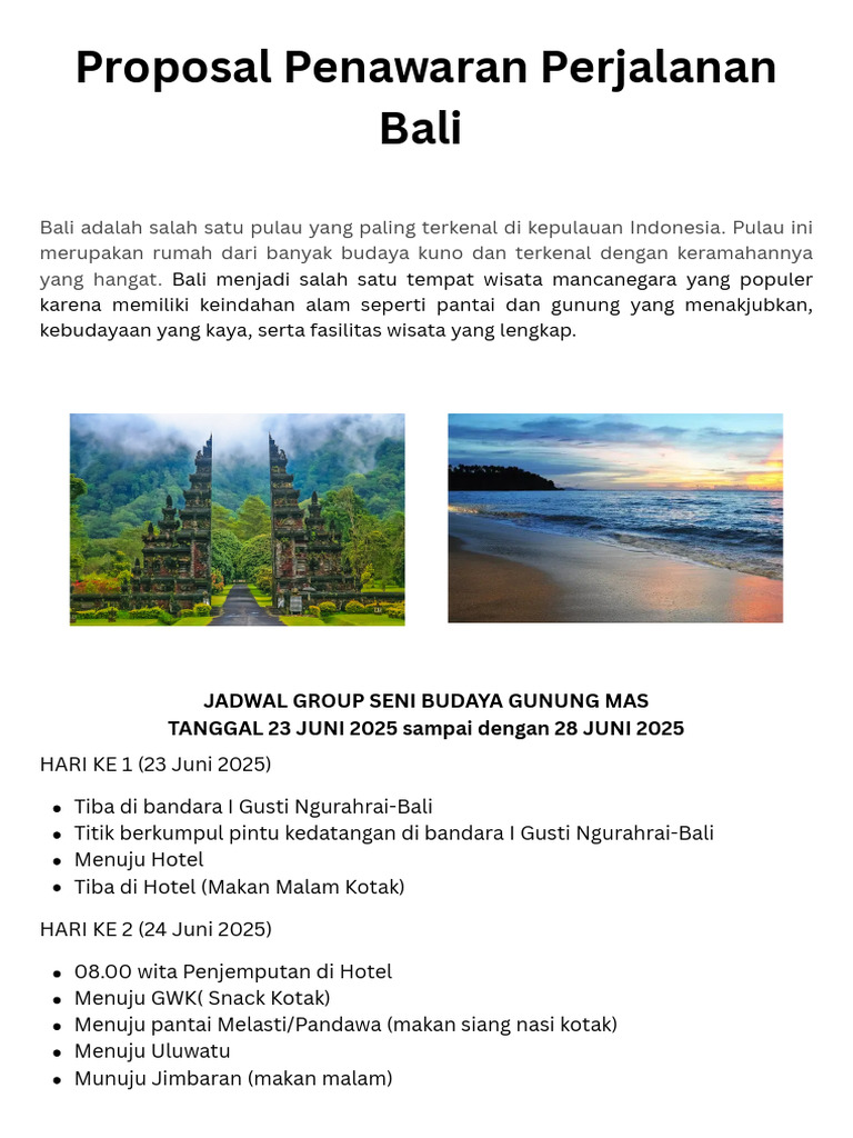 Proposal Penawaran Perjalanan Bali PDF | PDF