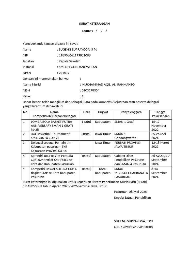 SURAT KETERANGAN Piagam AqiL | PDF