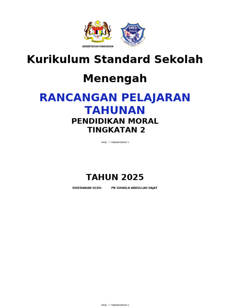 Rancangan Pelajaran Moral Tingkatan 2 | PDF