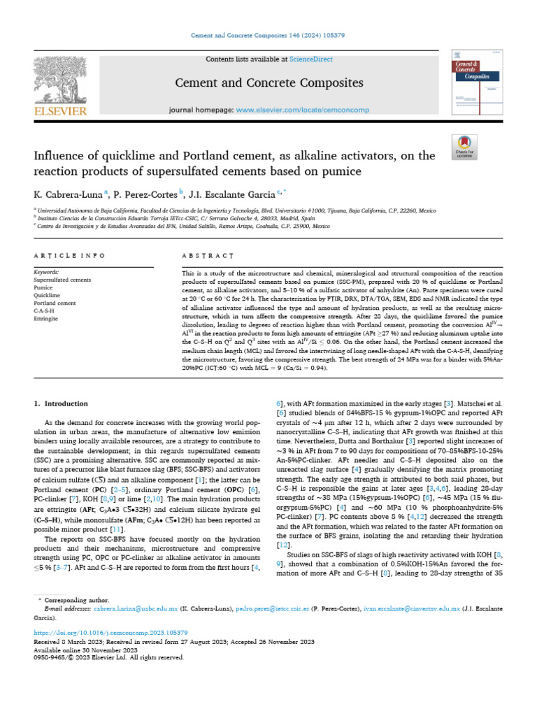 Influence of Quicklime and Portland Cement, As Alkaline Activators, On ...
