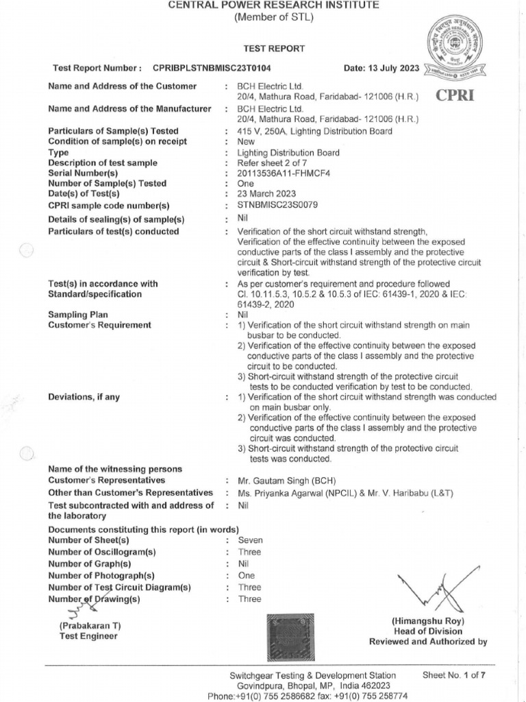 Short Circuit Withstand Test-20ka For Main Busbar Earth Busbar | PDF