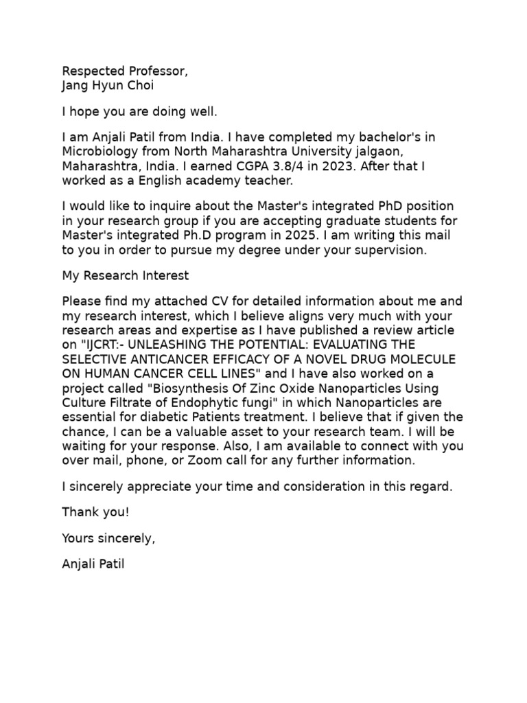 Inquiry for Master's Integrated PhD Position | PDF
