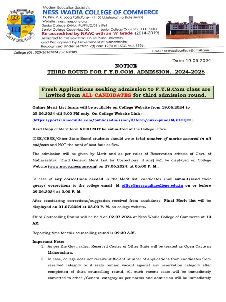 Third Notice. For F.Y.B.com .Merit Form 2024 2025 | PDF | Government