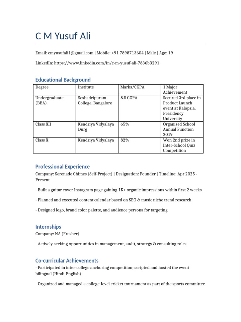 C M Yusuf Ali IIM Format CV | PDF