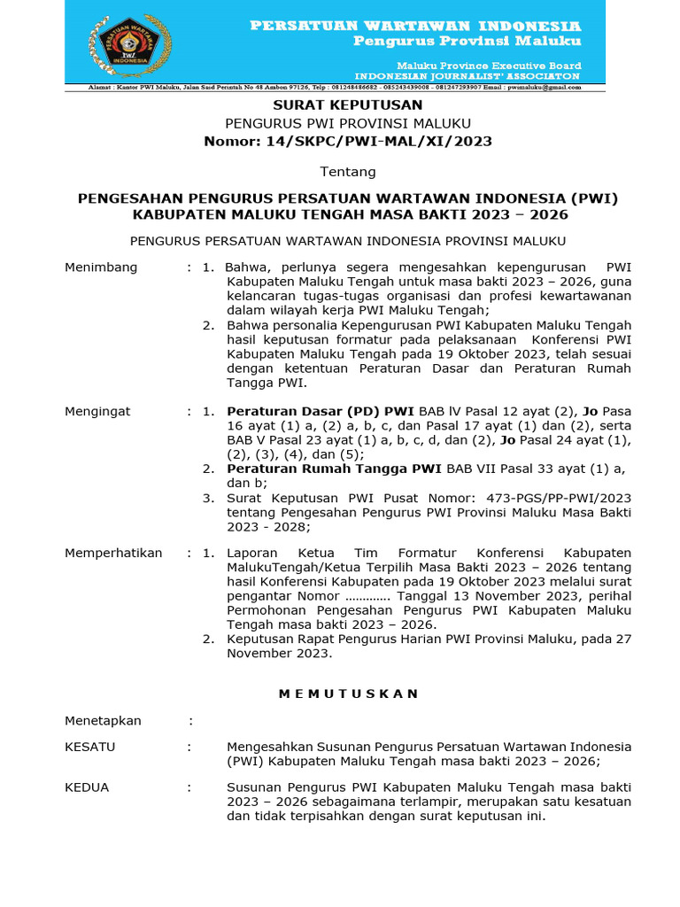 Pengesahan Pengurus PWI Maluku Tengah | PDF