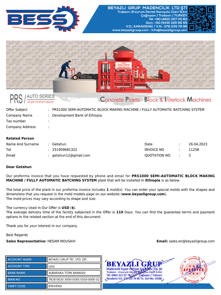 Proforma Invoice for PRS1000 Block Machine | PDF | Concrete