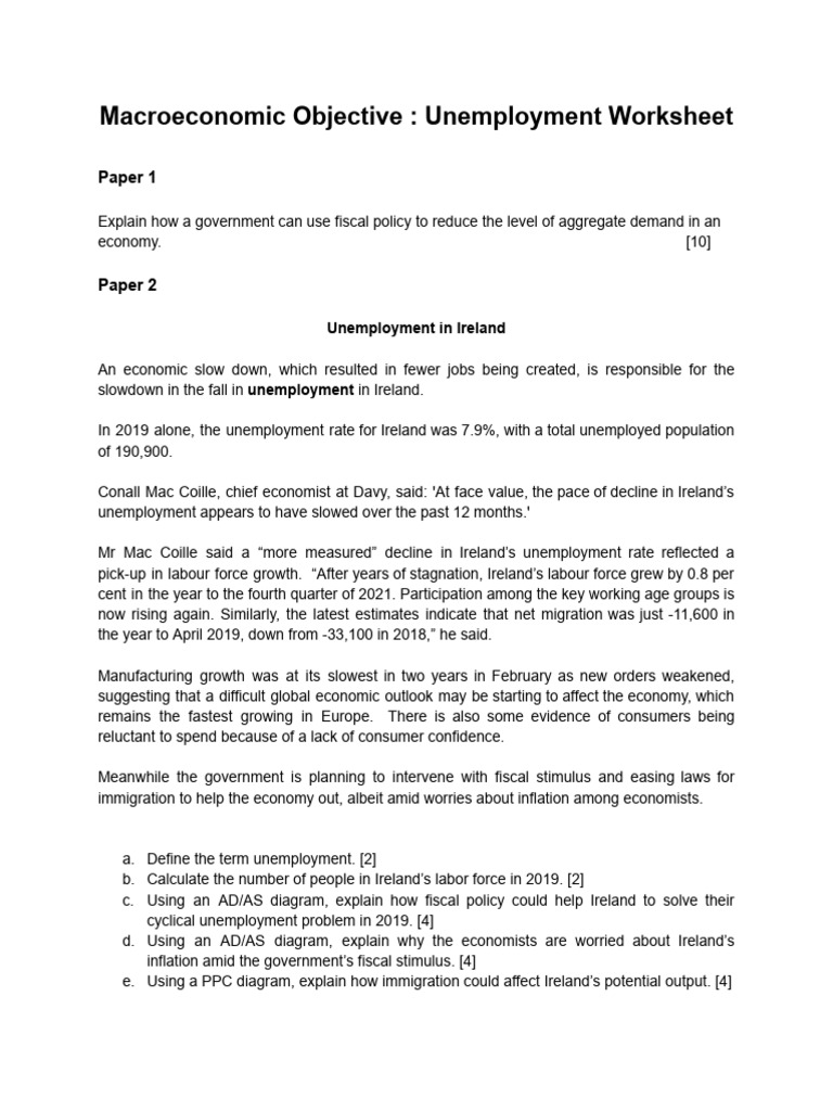 Macroeconomic Objective - Unemployment Worksheet | PDF