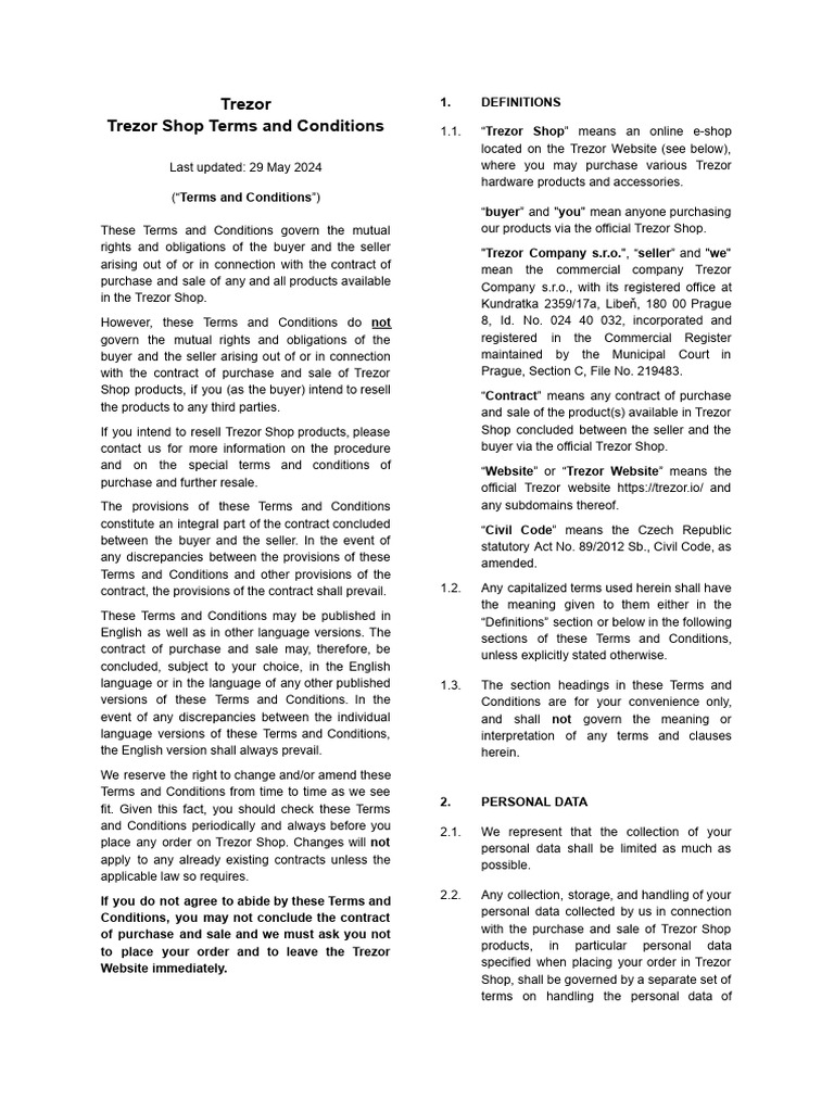 Trezor Shop Purchase Terms and Conditions | PDF | Payments | Credit Card