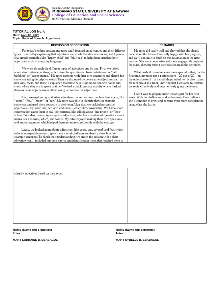 Tutorial Log For English Majors Example | PDF | Adjective | Noun