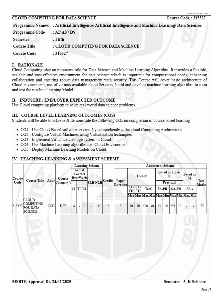 315327-Cloud Computing For Data Science Syllabus | PDF | Cloud Computing | Virtualization