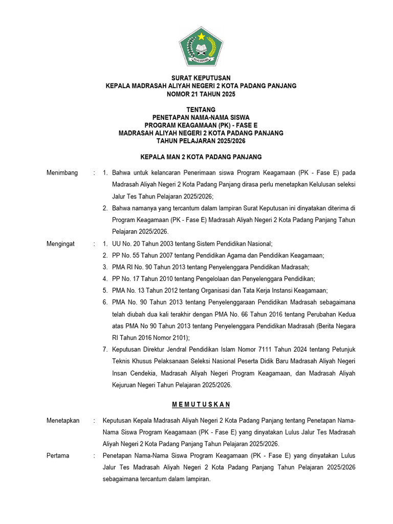 Surat Keputusan Kelulusan Program Keagamaan (PK - Fase E) T.P. 2025-2026 | PDF