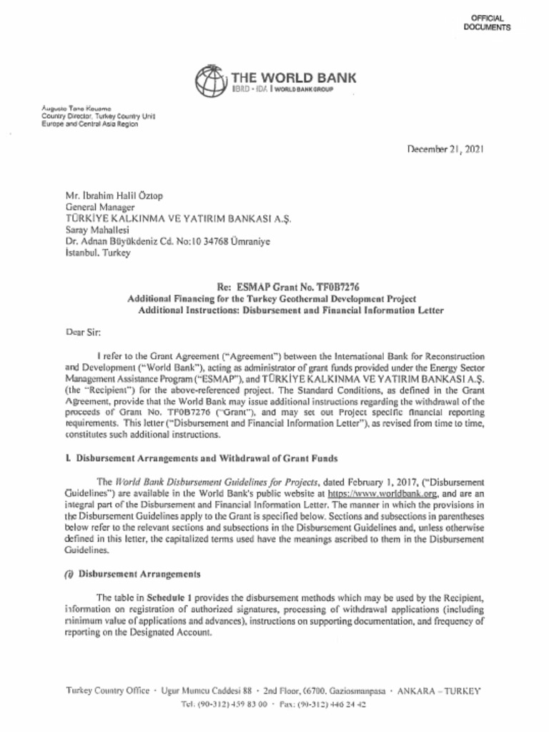 Official Documents Disbursement and Financial Information Letter For ...