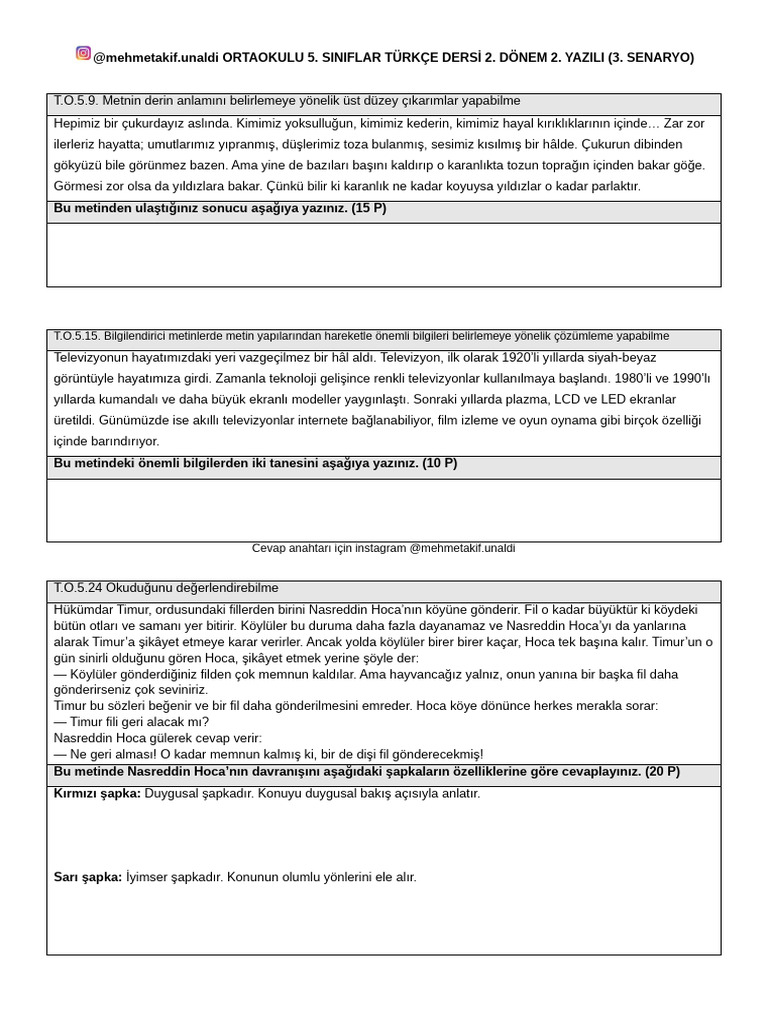 2024 2025 Egitim Ogretim Yili Turkce Dersi 5. Sinif 2. Donem 2. Acik Uclu Sinav 3. Senaryo ...