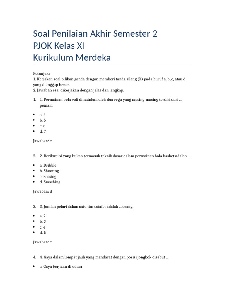 Soal PJOK Kelas 11 Semester 2 Kurikulum Merdeka | PDF