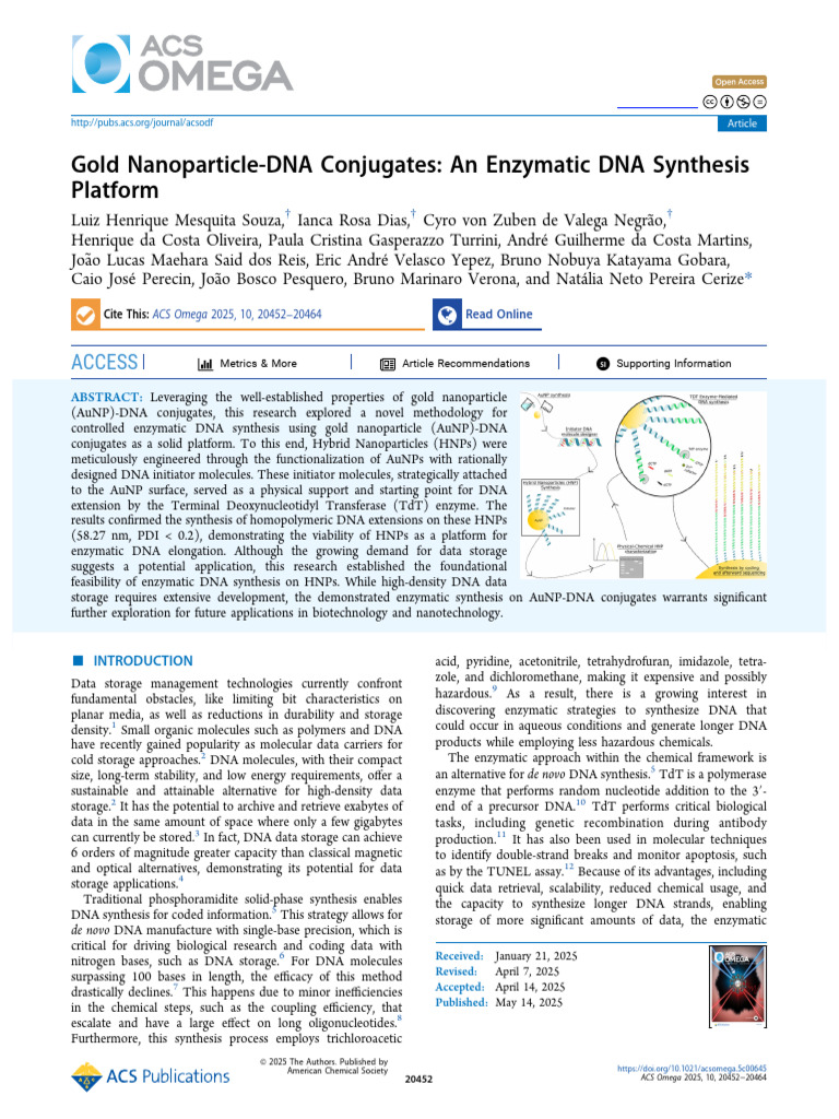 Enzymatic DNA Synthesis on Gold Nanoparticles | PDF | Dna Sequencing ...