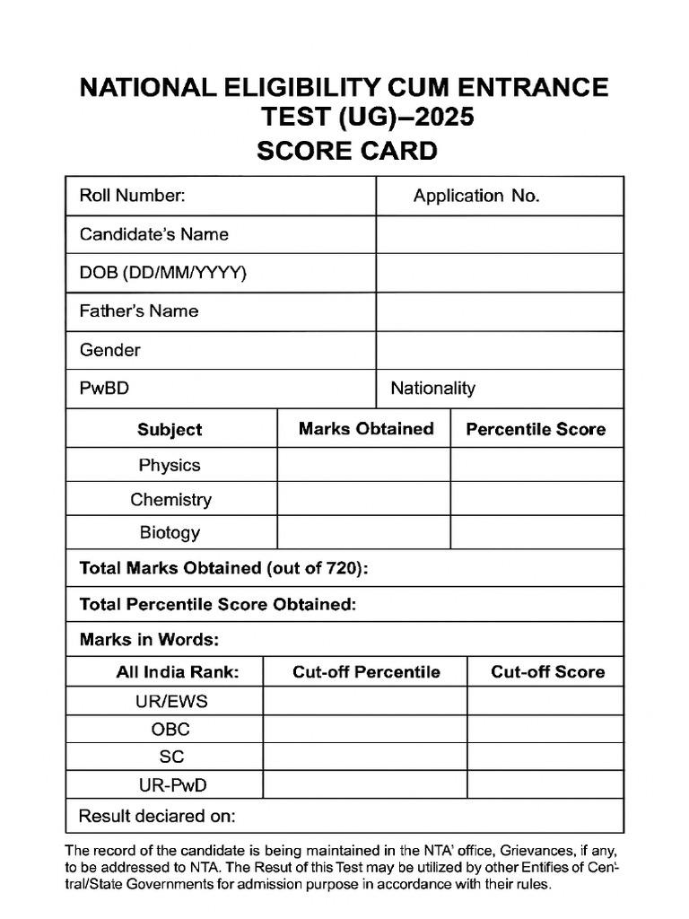 NEET 2025 Blank Scorecard | PDF
