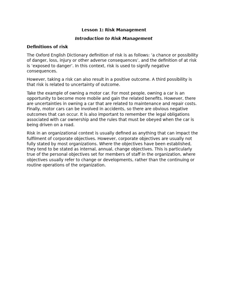 Risk Management Lesson 1 | PDF | Risk | Risk Management
