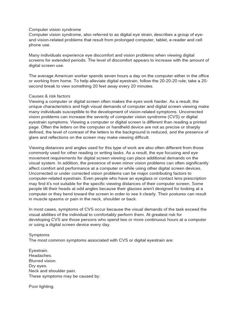 Computer Vision Syndrome | PDF | Glasses | Eye