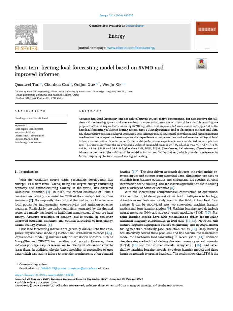 Quanwei Tan 基于SVMD和改进信息器的短期热负荷预测模型 | PDF | Deep Learning | Machine Learning