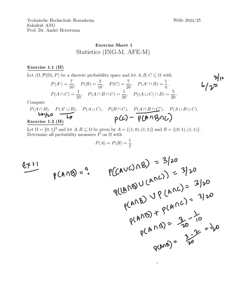 Statistics (ING-M, AFE-M) : Exercise Sheet 1 | PDF