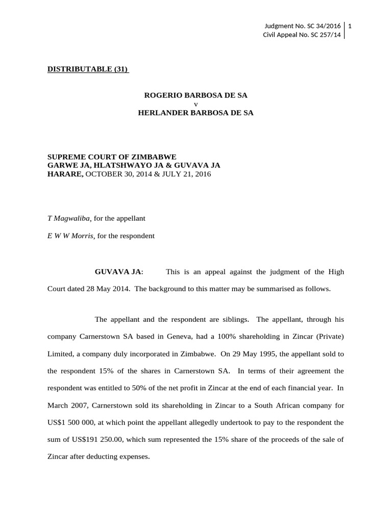 Zimbabwe Supreme Court Appeal SC 34/2016 | PDF | Judgment (Law) | Appeal