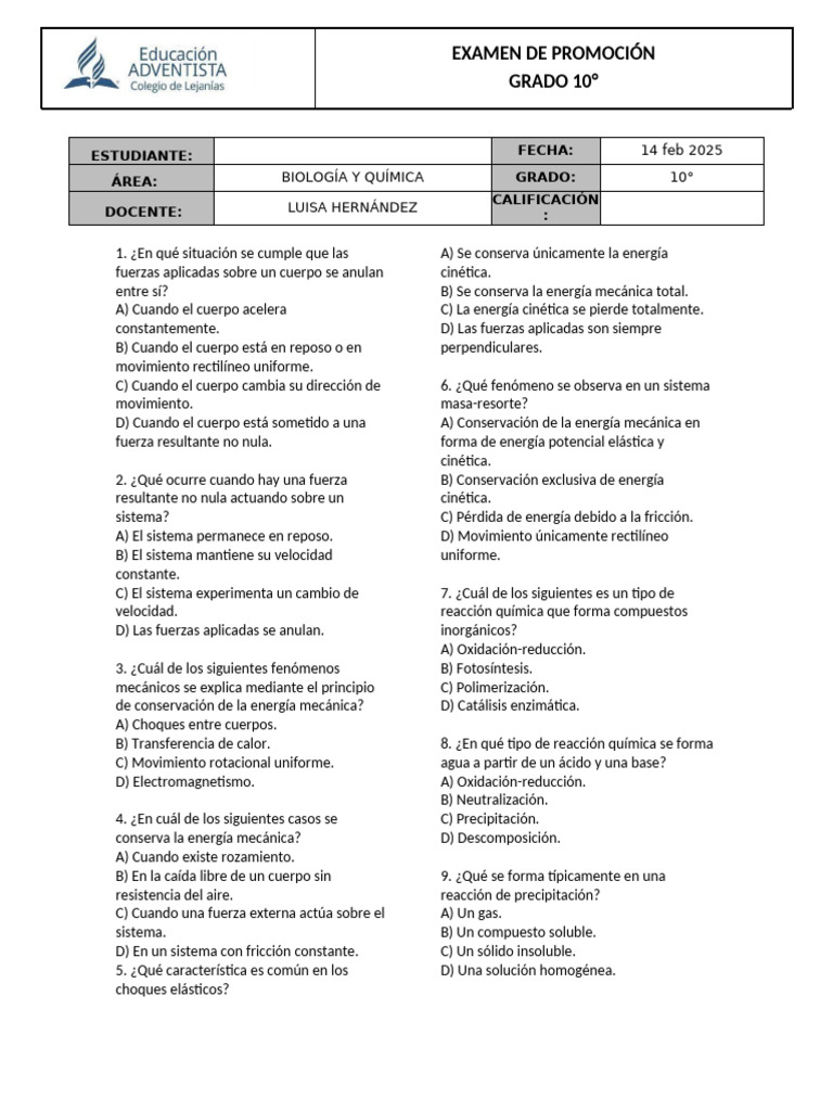 Examen de Promoción Decimo | PDF | Compuestos químicos | Sal (química)